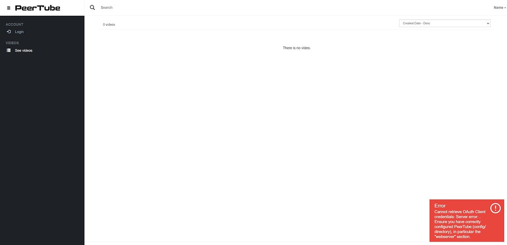 Error: can not retrieve oauth client - PeerTube - Framacolibri Error: can not retrieve oauth client - PeerTube - Framacolibri